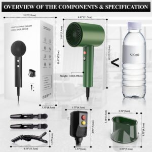 Ionic Hair Dryer, 1875W LED Smart Pro Salon Blow Dryer, Matte Metal Body Multi-Protection & Noise-Cancelling Hairdryer, Lightweight Constant Temp Negative Ions Hair Dryers, Green