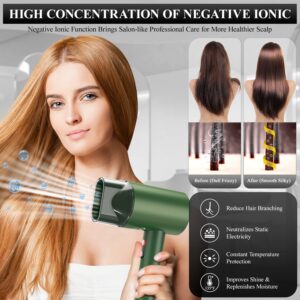 Ionic Hair Dryer, 1875W LED Smart Pro Salon Blow Dryer, Matte Metal Body Multi-Protection & Noise-Cancelling Hairdryer, Lightweight Constant Temp Negative Ions Hair Dryers, Green