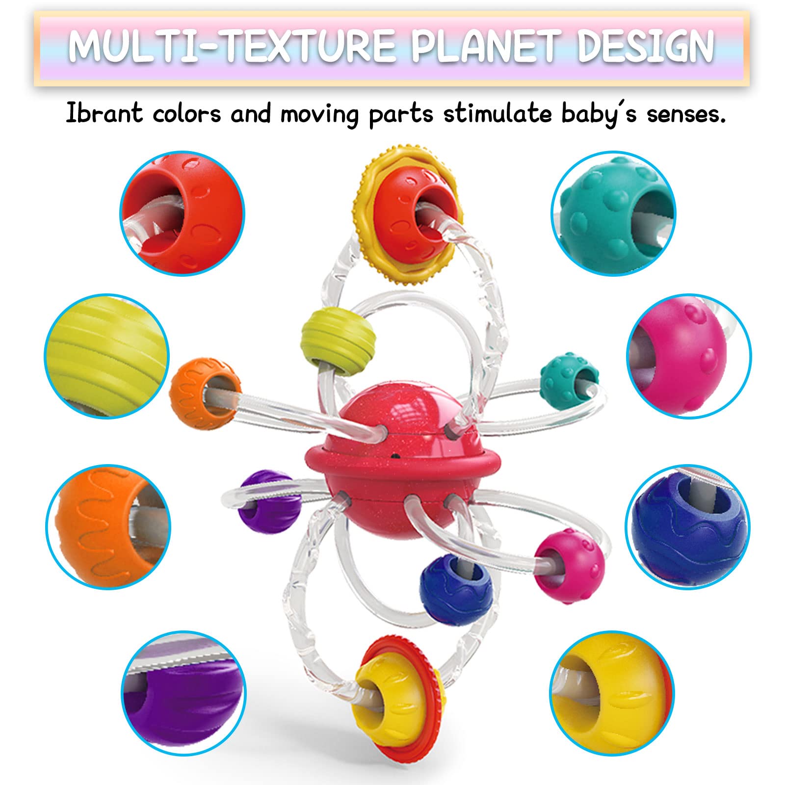 Baby Teething Toys for Babies 6-12-18 Months Textured Planet Hand Catching Ball Hand Teether Baby Rattle Toy 6 to 12 Month Multi Sensory Learning Infant Loop Toy Ball Baby Girl Boy Gift Grasp Chew Toy