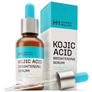 kojic acid serum for face, 2% pure kojic acid with ferulic acid, aloe vera and vitamin e, skin brightening serum to help reduce dark spots, discoloration, and hyperpigmentation