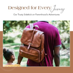 Citi Collective Navigator Saddle Brown Diaper Bag Backpack -Premium Vegan Leather- Compact Spacious Design With Insulated Pockets and Stroller Clips