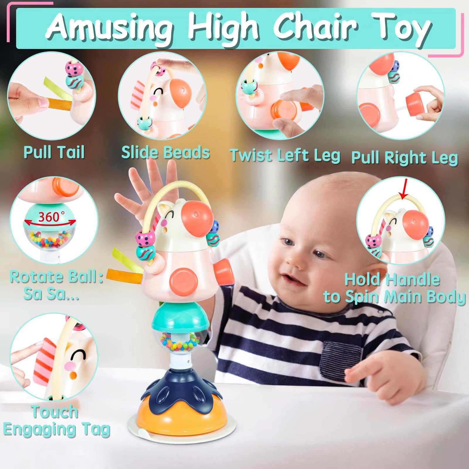 High Chair Toys with Suction Cup Baby Rattle Toys Baby Toys 6 to 12 Months Baby Tray Toys for 6 9 12 Months Infant Toddlers Kids Newborn Toys Christmas Present Birthday Gifts for 1 Year Old Boys Girls