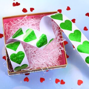 1.5" Glitter Green Heart Stickers, Large Heart Labels Valentines Decor 500 per Roll, St. Patricks Day Decorations for Kids Envelopes