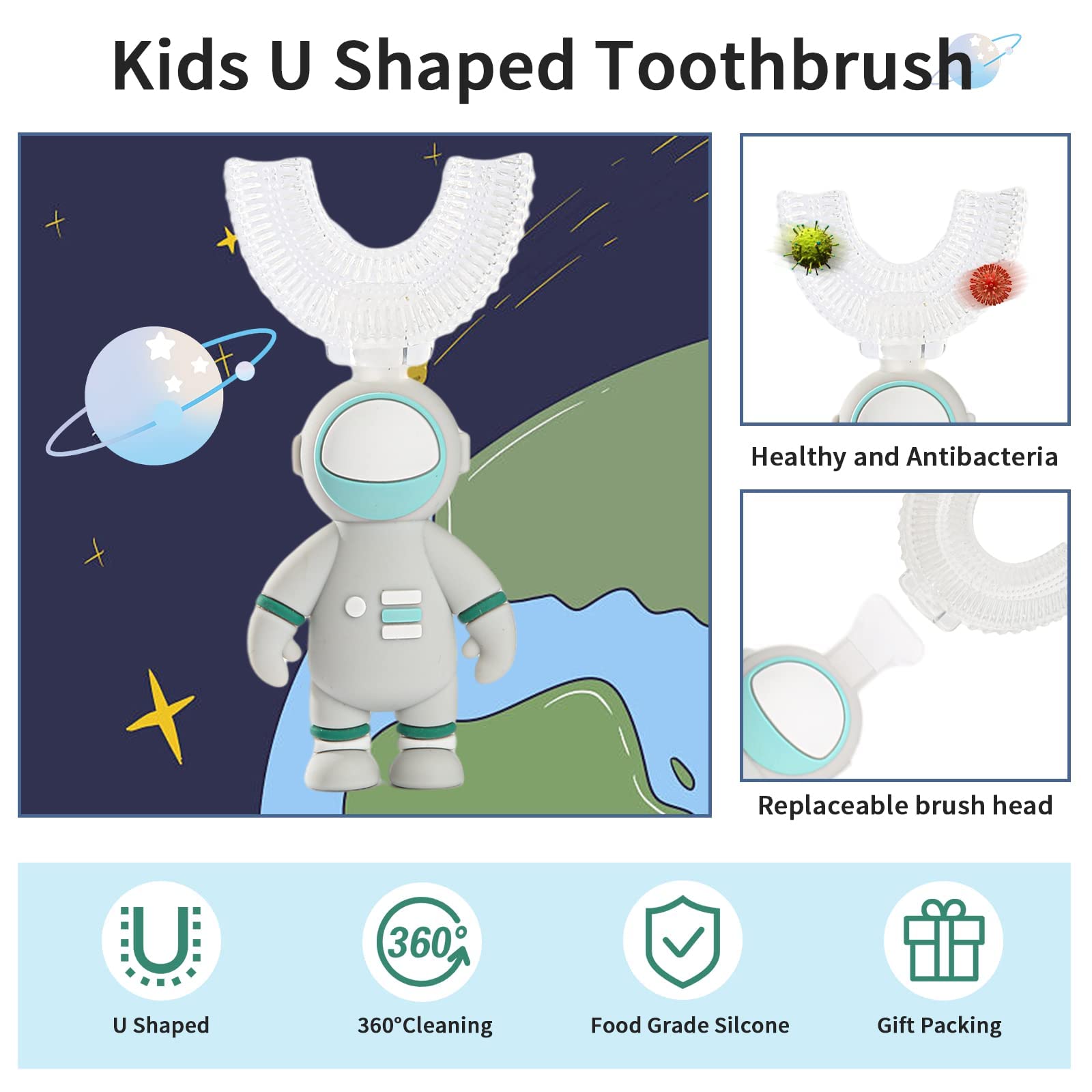 Promise Babe U Shaped Toothbrush Kids Food Grade Silicone Brush U-Shaped Kids Toothbrush, Premium Soft Manual Training Toothbrush for Kids 2-6 Years Old.Light Grey