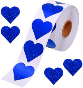 1.5" glitter blue heart stickers, large heart labels valentines decor 500 per roll, valentine's day love decorations for wedding anniversaries, envelopes