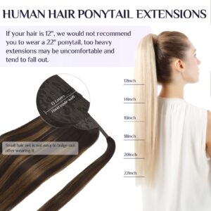 DOORES Hair Extensions Ponytail Extensions Human Hair Balayage Dark Brown to Chestnut Brown 18 Inch 80g Wrap Around Ponytail Remy Hair Extensions Clip in Straight with Magic Paste Heat Resistant