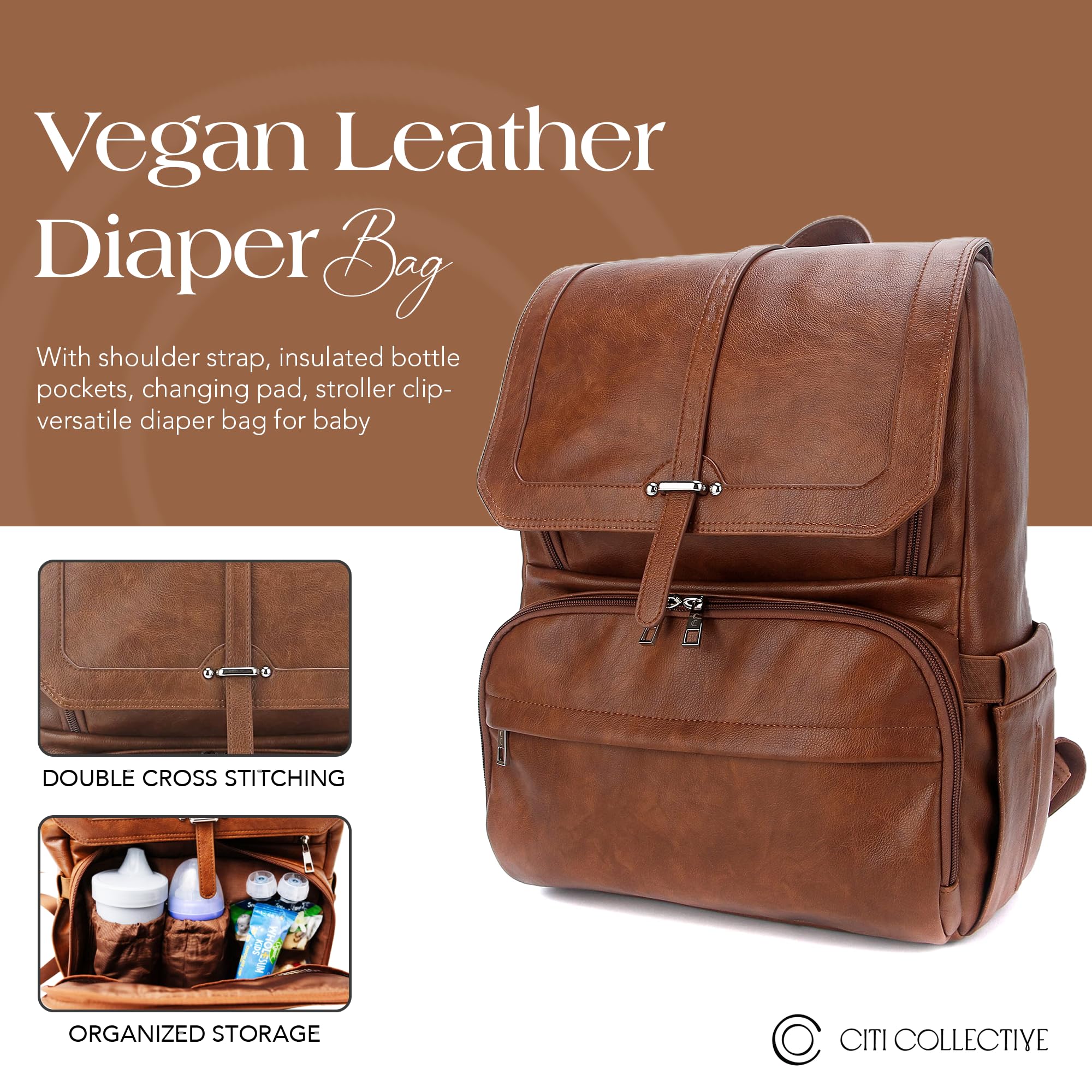 Citi Collective Navigator Saddle Brown Diaper Bag Backpack -Premium Vegan Leather- Compact Spacious Design With Insulated Pockets and Stroller Clips