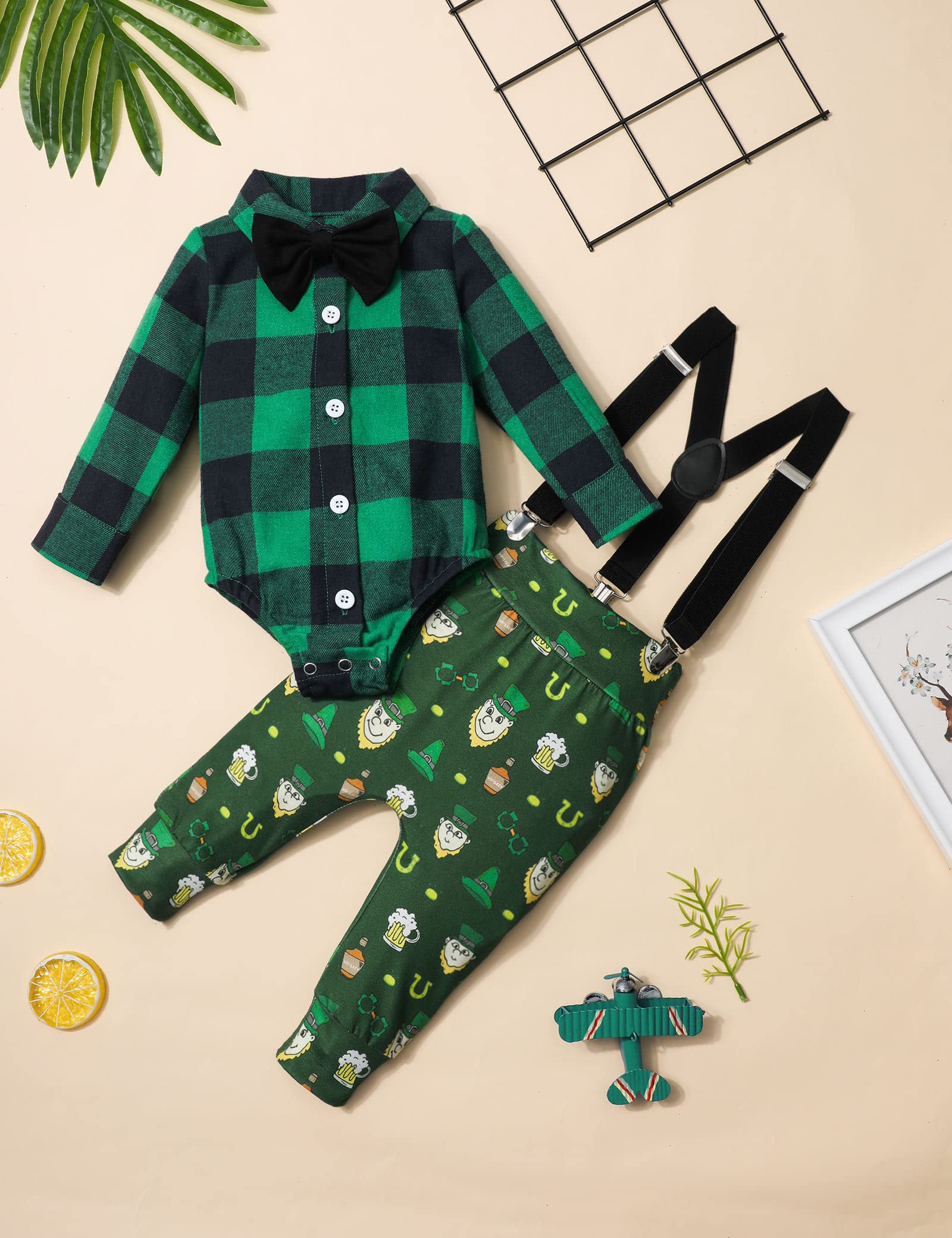 WIQI 6-12 Months Baby Boys My First St. Patrick's Day Outfit Infant Bowtie Bodysuit Pattern Suspender Pants Clothes Set