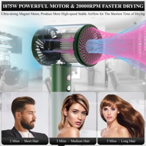 Ionic Hair Dryer, 1875W LED Smart Pro Salon Blow Dryer, Matte Metal Body Multi-Protection & Noise-Cancelling Hairdryer, Lightweight Constant Temp Negative Ions Hair Dryers, Green