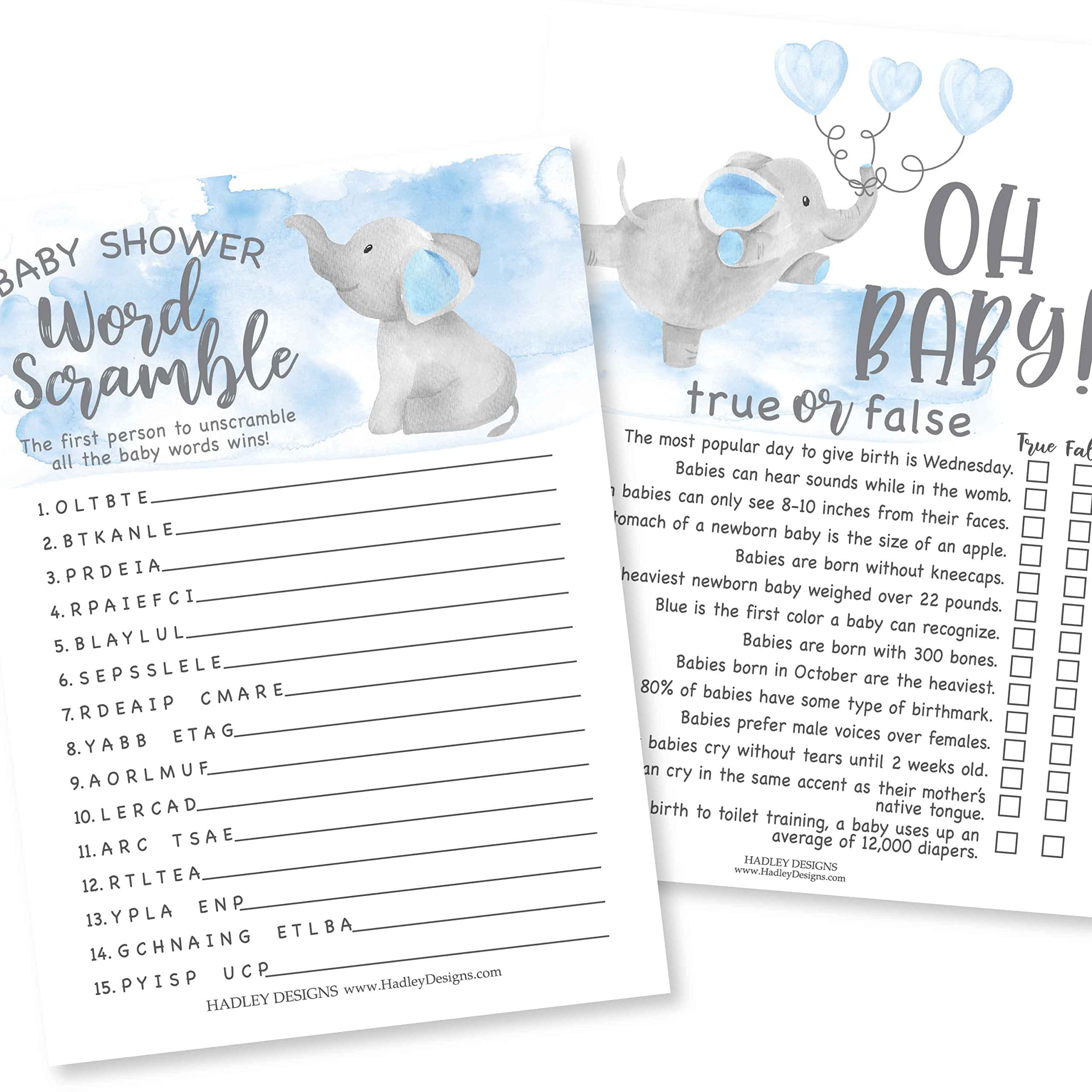 25 Elephant Word Scramble For Baby Shower, 25 True Or False Game, 25 Trivia Game, 25 Find The Guest, 25 Baby Animal Matching, 25 Nursery Rhyme Game - 6 Double Sided Cards Baby Shower Ideas