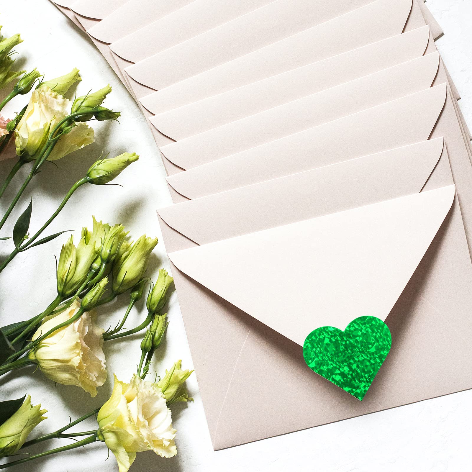 1.5" Glitter Green Heart Stickers, Large Heart Labels Valentines Decor 500 per Roll, St. Patricks Day Decorations for Kids Envelopes