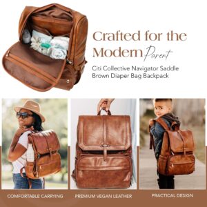 Citi Collective Navigator Saddle Brown Diaper Bag Backpack -Premium Vegan Leather- Compact Spacious Design With Insulated Pockets and Stroller Clips