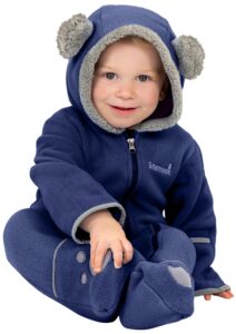 snonook fleece baby jacket - winter suit bunting bodysuit with fold over mittens & footies, hooded & zipper down, soft cozy warm jumpsuit for infants, midnight navy, 12/18 months