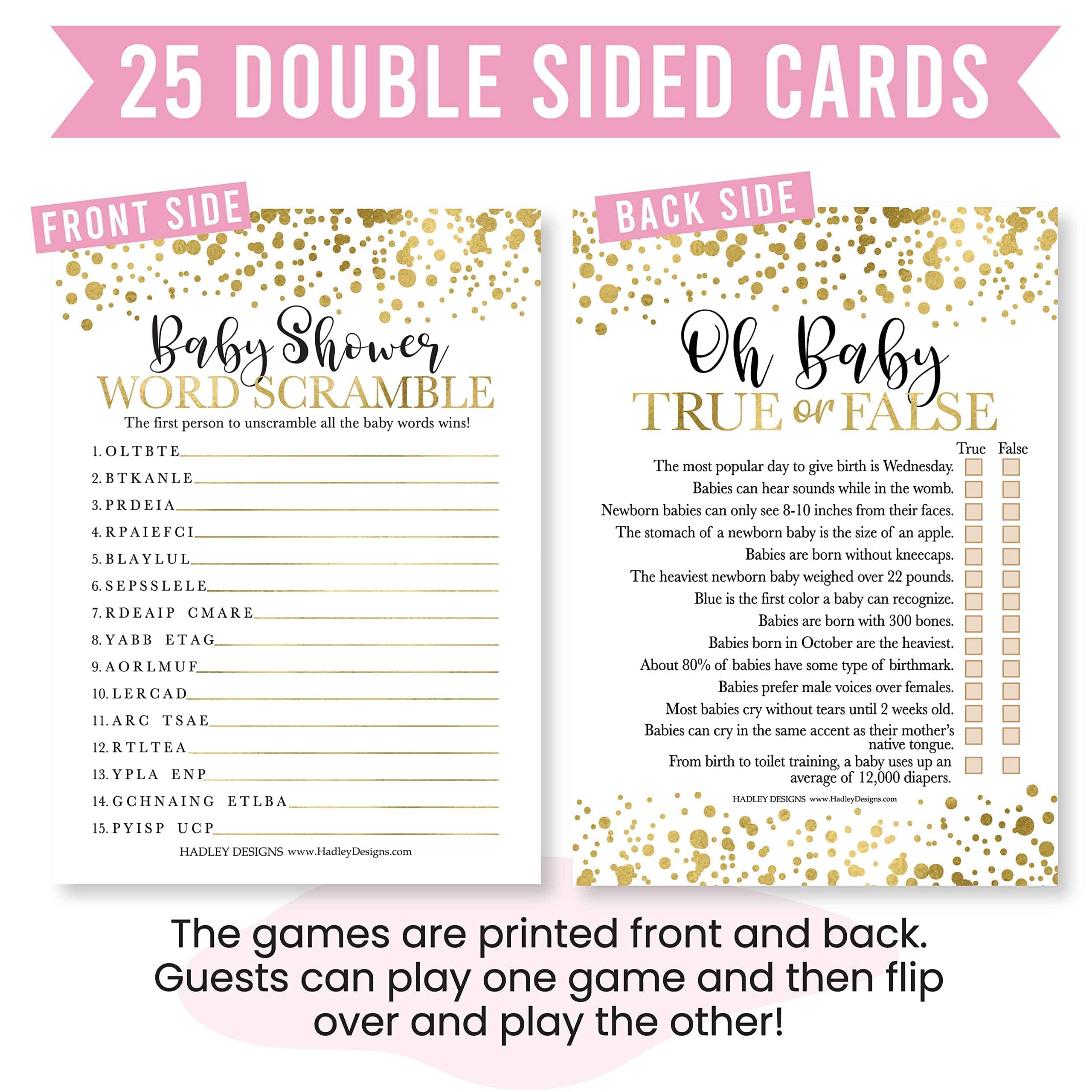 25 Gold Word Scramble For Baby Shower, 25 True Or False Game, 25 Baby Animal Matching, 25 Nursery Rhyme Game - 4 Double Sided Cards Baby Shower Ideas, Baby Shower Party Supplies