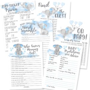 25 elephant who knows mommy best, baby prediction and advice cards, 25 word scramble for baby shower, true or false, 25 trivia baby shower game, find the guest - 6 double sided cards baby shower ideas