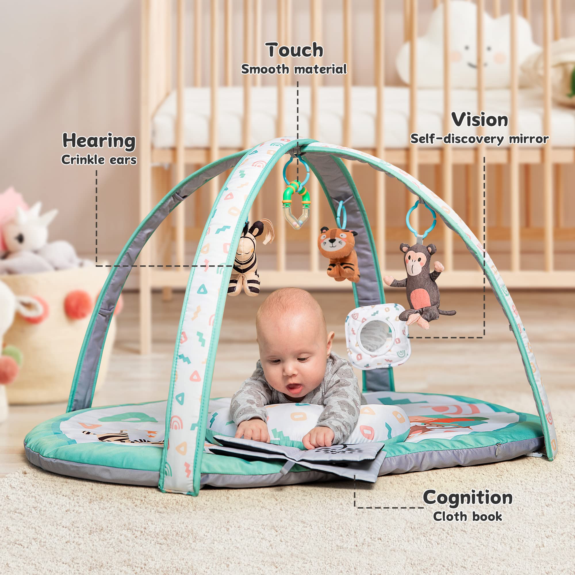 Kompoll Baby Play Gym 7 in 1 Baby Activity Gym Mat with 2 Washable Covers Thick Non-Slip Playmats with 6 Toys Baby Tummy Time Mat for Early Sensory Exploration and Motor Skill Development for Infant