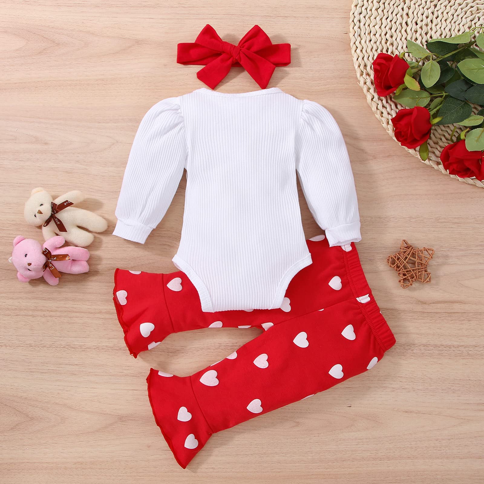 Dcohmch 3PCS Newborn Infant Baby Girls Valentine’s Day Outfits Long Sleeve Ribbed Bodysuit Romper Bell Bottom Pants Headband