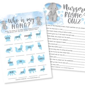 25 Elephant Word Scramble For Baby Shower, 25 True Or False Game, 25 Trivia Game, 25 Find The Guest, 25 Baby Animal Matching, 25 Nursery Rhyme Game - 6 Double Sided Cards Baby Shower Ideas