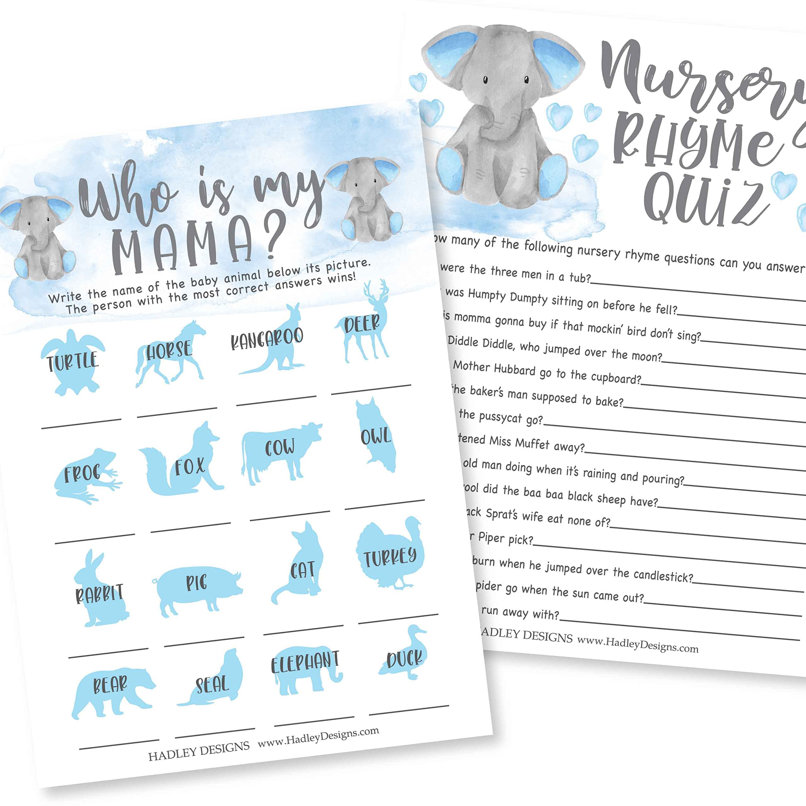 25 Elephant Word Scramble For Baby Shower, 25 True Or False Game, 25 Trivia Game, 25 Find The Guest, 25 Baby Animal Matching, 25 Nursery Rhyme Game - 6 Double Sided Cards Baby Shower Ideas