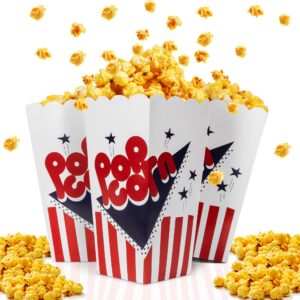 30 pcs popcorn boxes,7.75 inches tall & holds 46 oz popcorn containers,fashion design red white & blue colored nostalgic carnival stripes and stars paper popcorn bags for party home movie theater