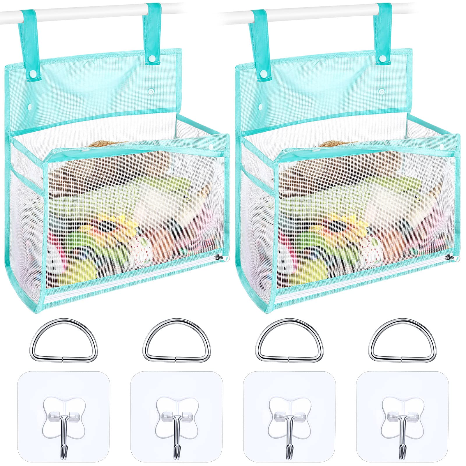 2 Pieces Baby Bathtub Toy Organizer Extra Large Opening Bath Toys Mesh Multiple Ways to Hang Bath Toy Holder Bottom Zipper Storage Bag with 4 Adhesive Hooks (Blue)