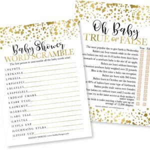 25 Gold Word Scramble For Baby Shower, 25 True Or False Game, 25 Baby Animal Matching, 25 Nursery Rhyme Game - 4 Double Sided Cards Baby Shower Ideas, Baby Shower Party Supplies