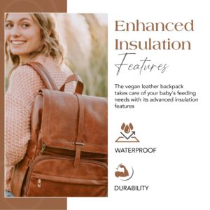 Citi Collective Navigator Saddle Brown Diaper Bag Backpack -Premium Vegan Leather- Compact Spacious Design With Insulated Pockets and Stroller Clips