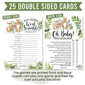 25 Woodland Word Scramble For Baby Shower, 25 True Or False Game, 25 Trivia Game, 25 Find The Guest, 25 Baby Animal Matching, 25 Nursery Rhyme Game - 6 Double Sided Cards Baby Shower Ideas