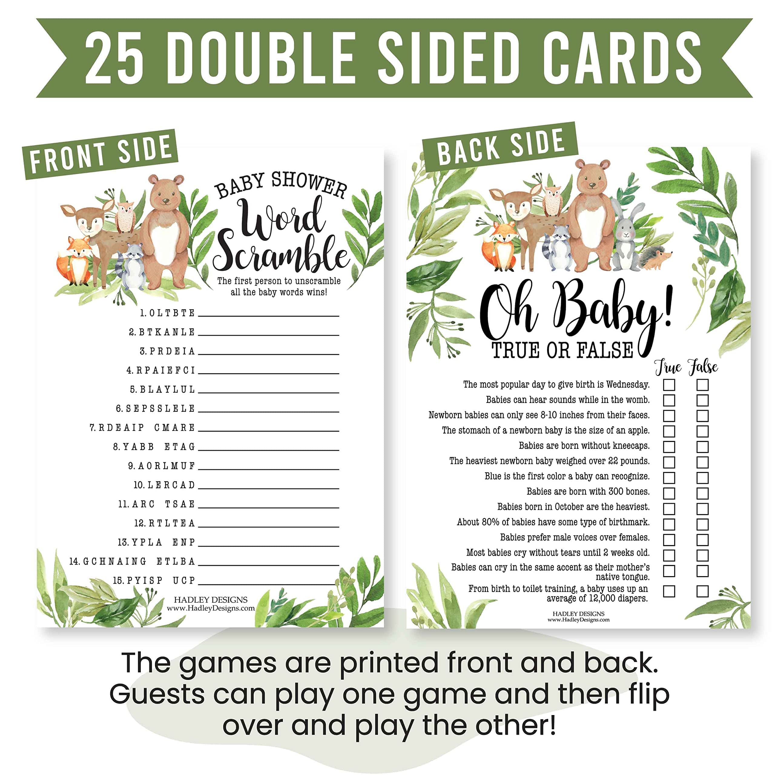 25 Woodland Word Scramble For Baby Shower, 25 True Or False Game, 25 Trivia Game, 25 Find The Guest, 25 Baby Animal Matching, 25 Nursery Rhyme Game - 6 Double Sided Cards Baby Shower Ideas