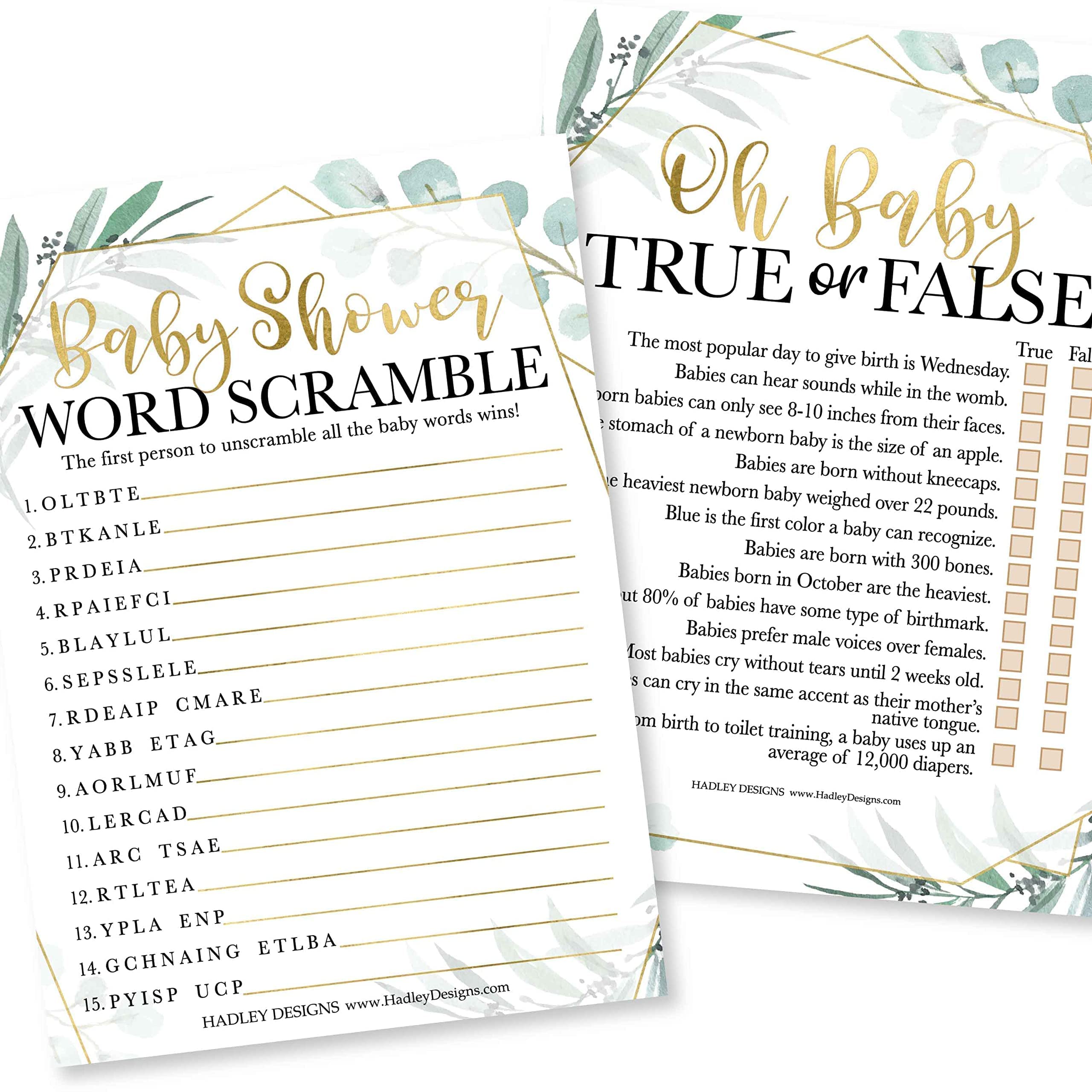 25 Greenery Word Scramble For Baby Shower, 25 True Or False Game, 25 Baby Animal Matching, 25 Nursery Rhyme Game - 4 Double Sided Cards Baby Shower Ideas, Baby Shower Party Supplies