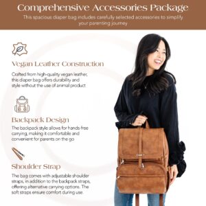 Citi Collective Navigator Saddle Brown Diaper Bag Backpack -Premium Vegan Leather- Compact Spacious Design With Insulated Pockets and Stroller Clips