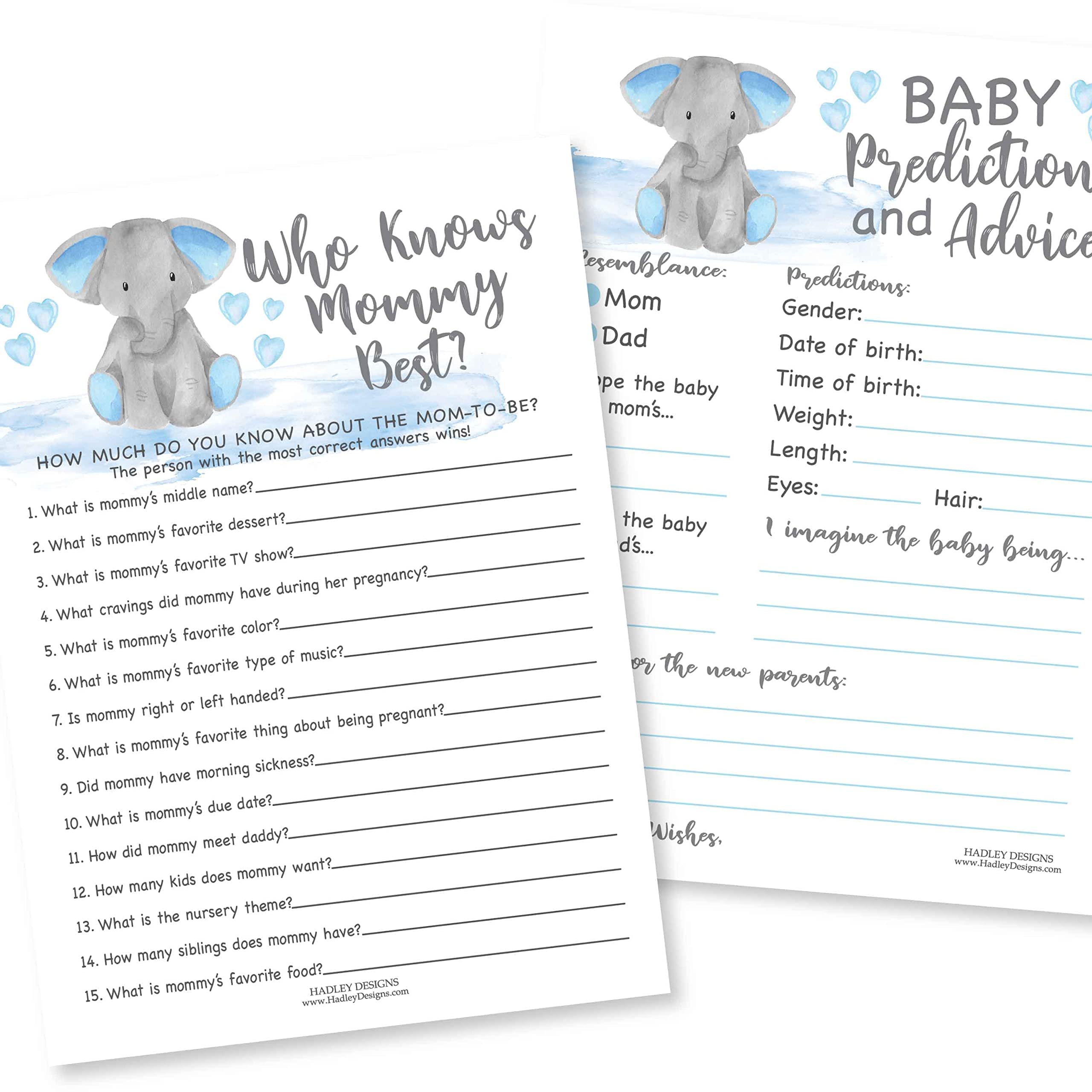 25 Elephant Who Knows Mommy Best, Baby Prediction And Advice Cards, 25 Word Scramble For Baby Shower, True Or False, 25 Trivia Baby Shower Game, Find The Guest - 6 Double Sided Cards Baby Shower Ideas