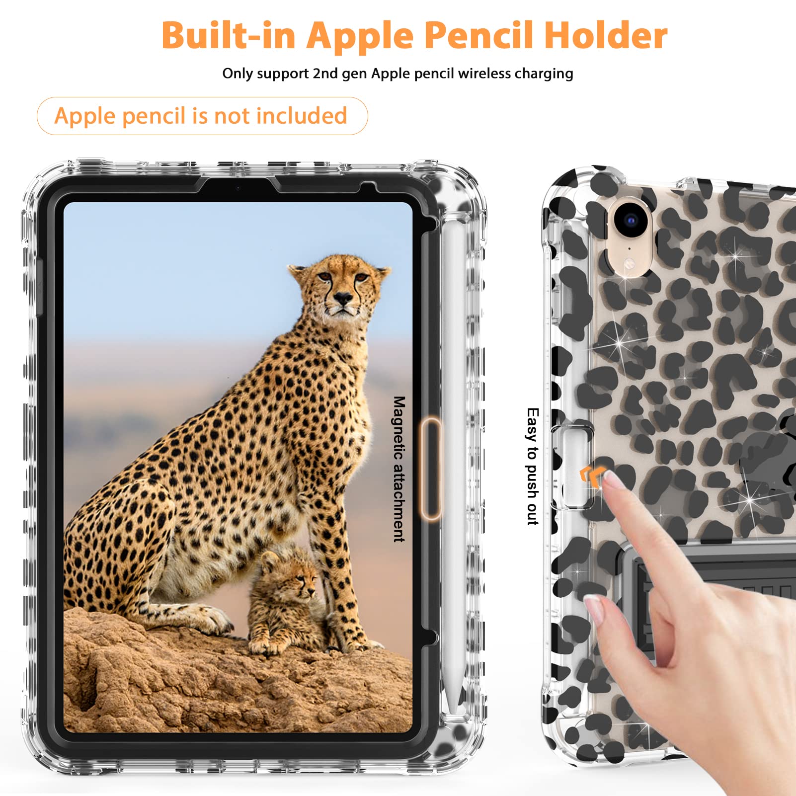 Rantice Case for iPad Mini 6 2021, iPad Mini 7 (A17 Pro) 2024 Case with Pencil Holder and Kickstand for Women Girl Kids, Slim Shockproof Clear Transparent Cover for iPad Mini 8.3 inch (Black Leopard)