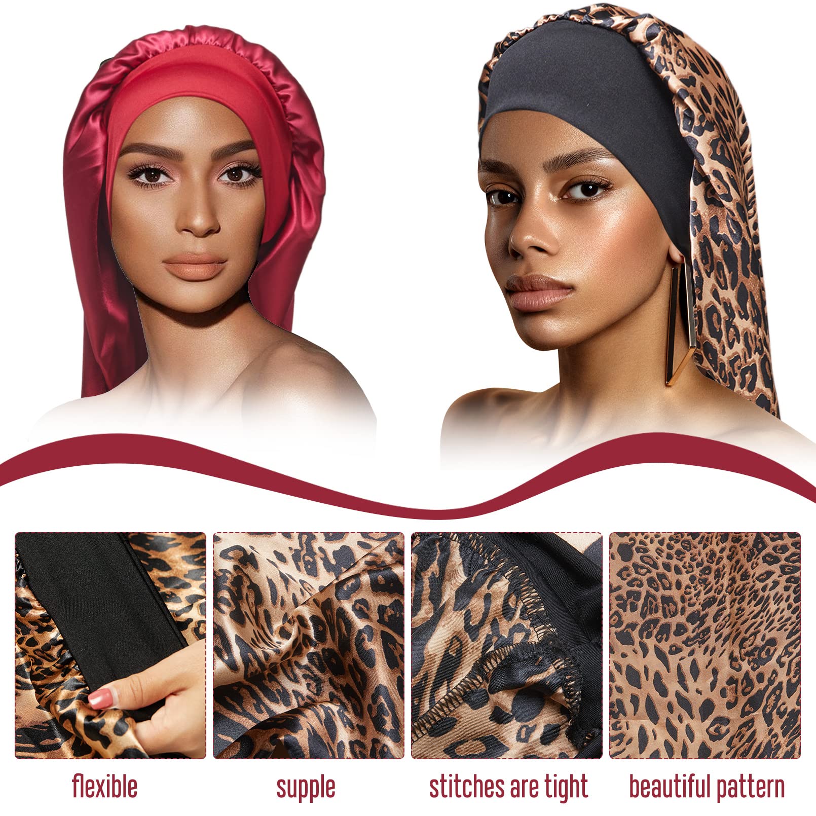 4PCS Long Satin Bonnet Sleep Cap,Black Extra Large Silk Bonnet for Natural Hair, Bonnets for Women Night Sleep,Wide Elastic Band, Very Soft & Comfortable (Black,Red,Leopard,Floral)