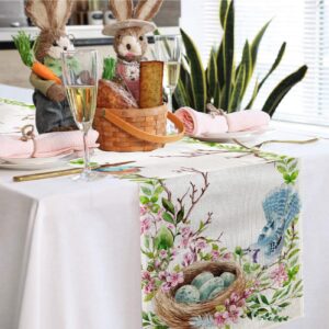 PROCIDA Floral Bird Spring Easter Table Runner, Summer Green Leaf Burlap Table Runner Farmhouse Seasonal Holiday Kitchen Dinning Table Decoration for Indoor Outdoor Home Party 13x72 Inch