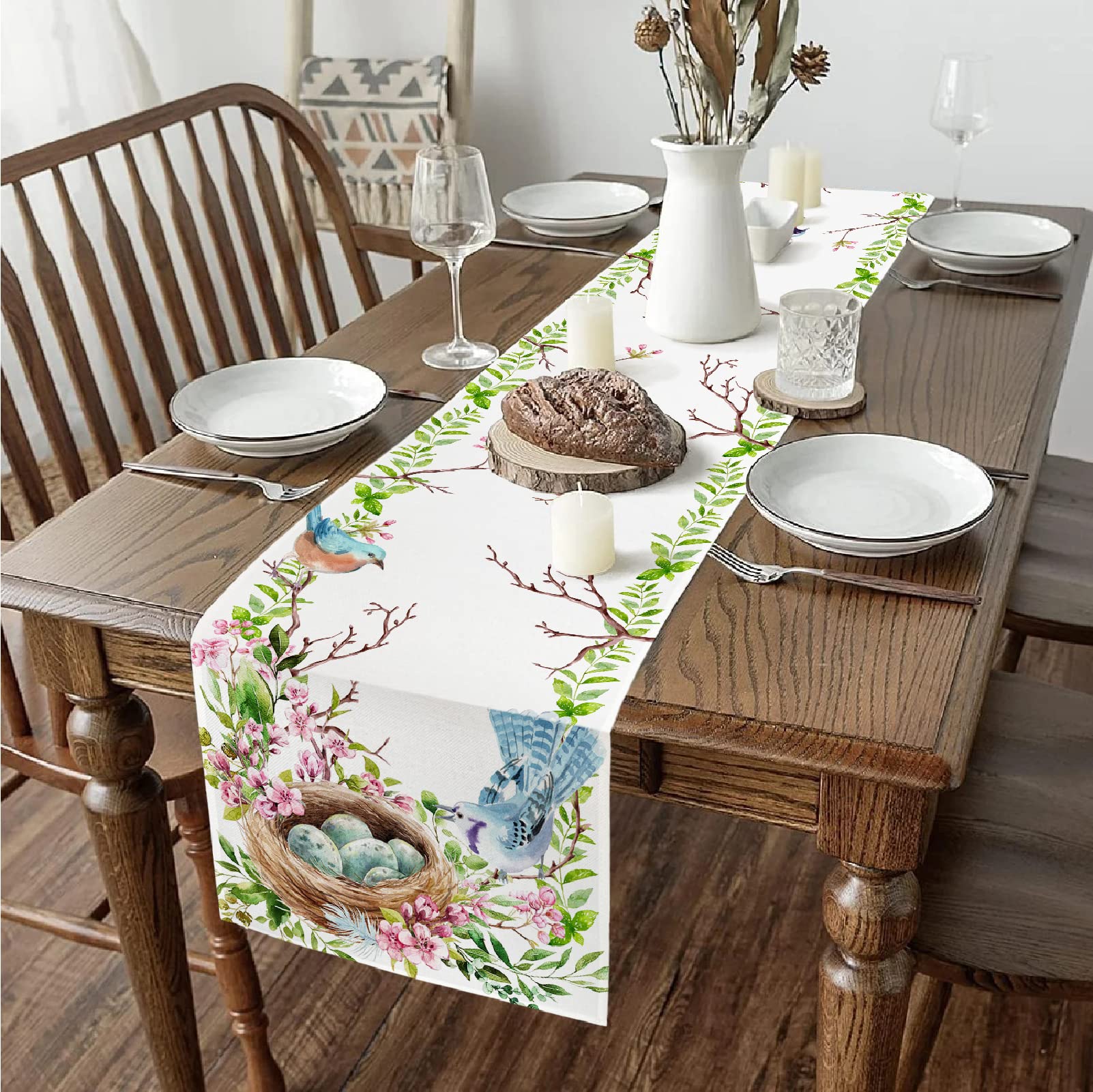 PROCIDA Floral Bird Spring Easter Table Runner, Summer Green Leaf Burlap Table Runner Farmhouse Seasonal Holiday Kitchen Dinning Table Decoration for Indoor Outdoor Home Party 13x72 Inch