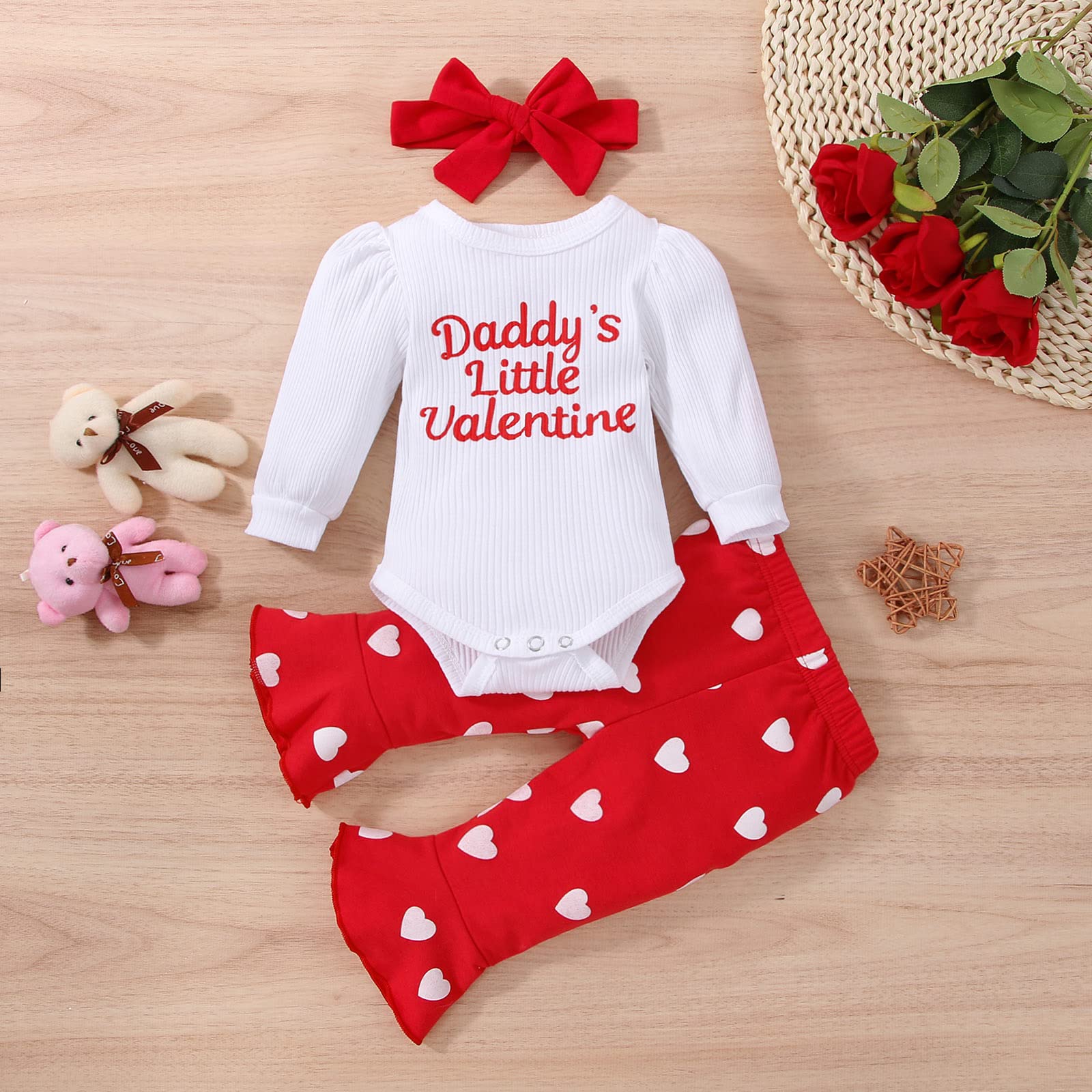 Dcohmch 3PCS Newborn Infant Baby Girls Valentine’s Day Outfits Long Sleeve Ribbed Bodysuit Romper Bell Bottom Pants Headband