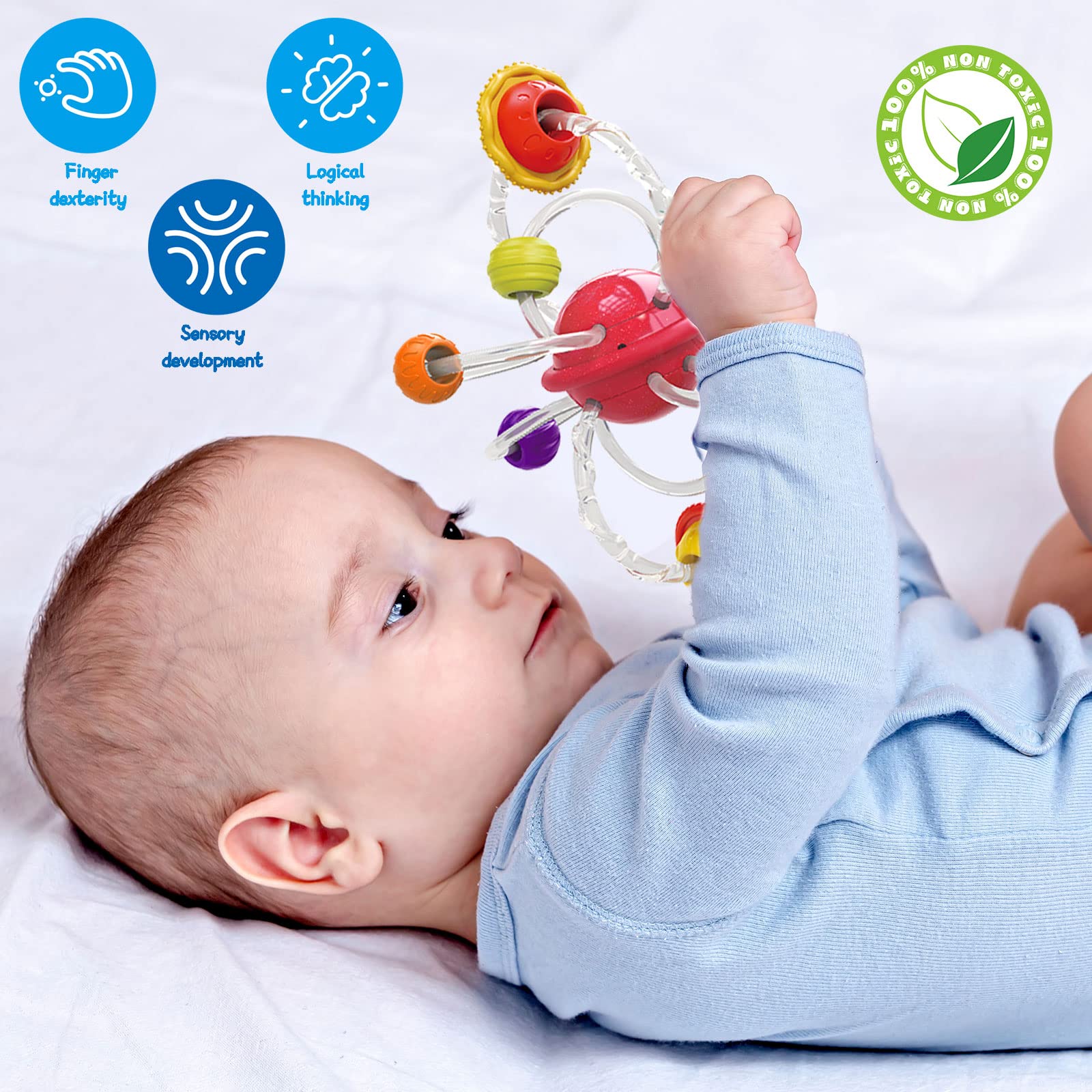 Baby Teething Toys for Babies 6-12-18 Months Textured Planet Hand Catching Ball Hand Teether Baby Rattle Toy 6 to 12 Month Multi Sensory Learning Infant Loop Toy Ball Baby Girl Boy Gift Grasp Chew Toy