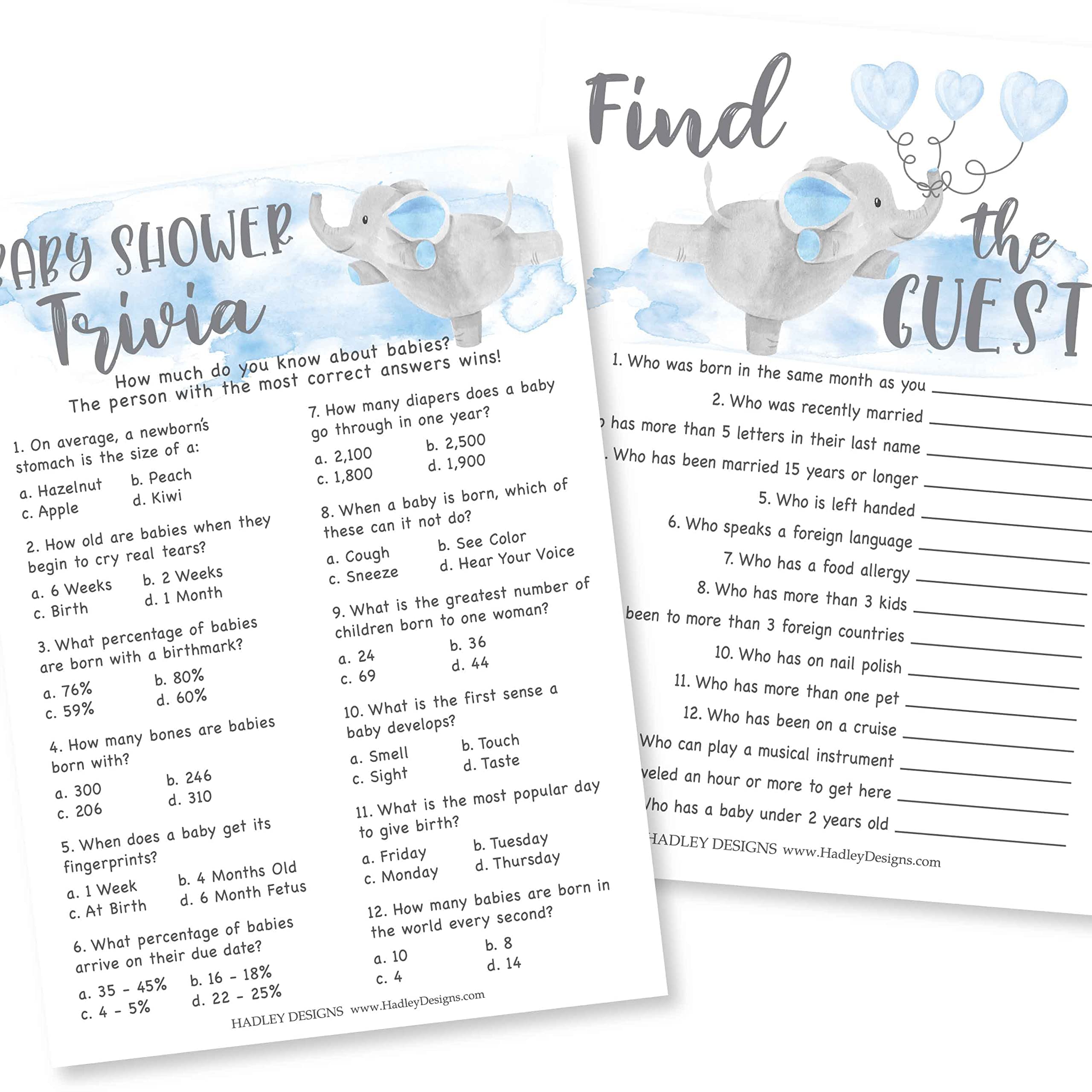 25 Elephant Word Scramble For Baby Shower, 25 True Or False Game, 25 Trivia Game, 25 Find The Guest, 25 Baby Animal Matching, 25 Nursery Rhyme Game - 6 Double Sided Cards Baby Shower Ideas