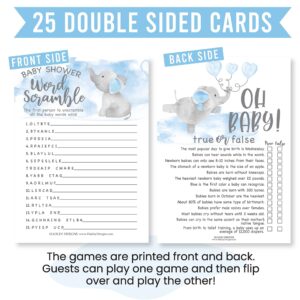 25 Elephant Word Scramble For Baby Shower, 25 True Or False Game, 25 Trivia Game, 25 Find The Guest, 25 Baby Animal Matching, 25 Nursery Rhyme Game - 6 Double Sided Cards Baby Shower Ideas