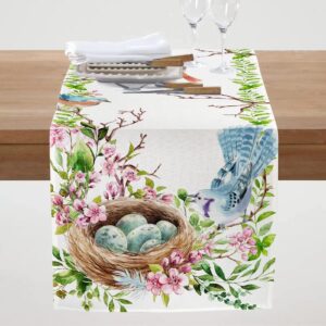 procida floral bird spring easter table runner, summer green leaf burlap table runner farmhouse seasonal holiday kitchen dinning table decoration for indoor outdoor home party 13x72 inch