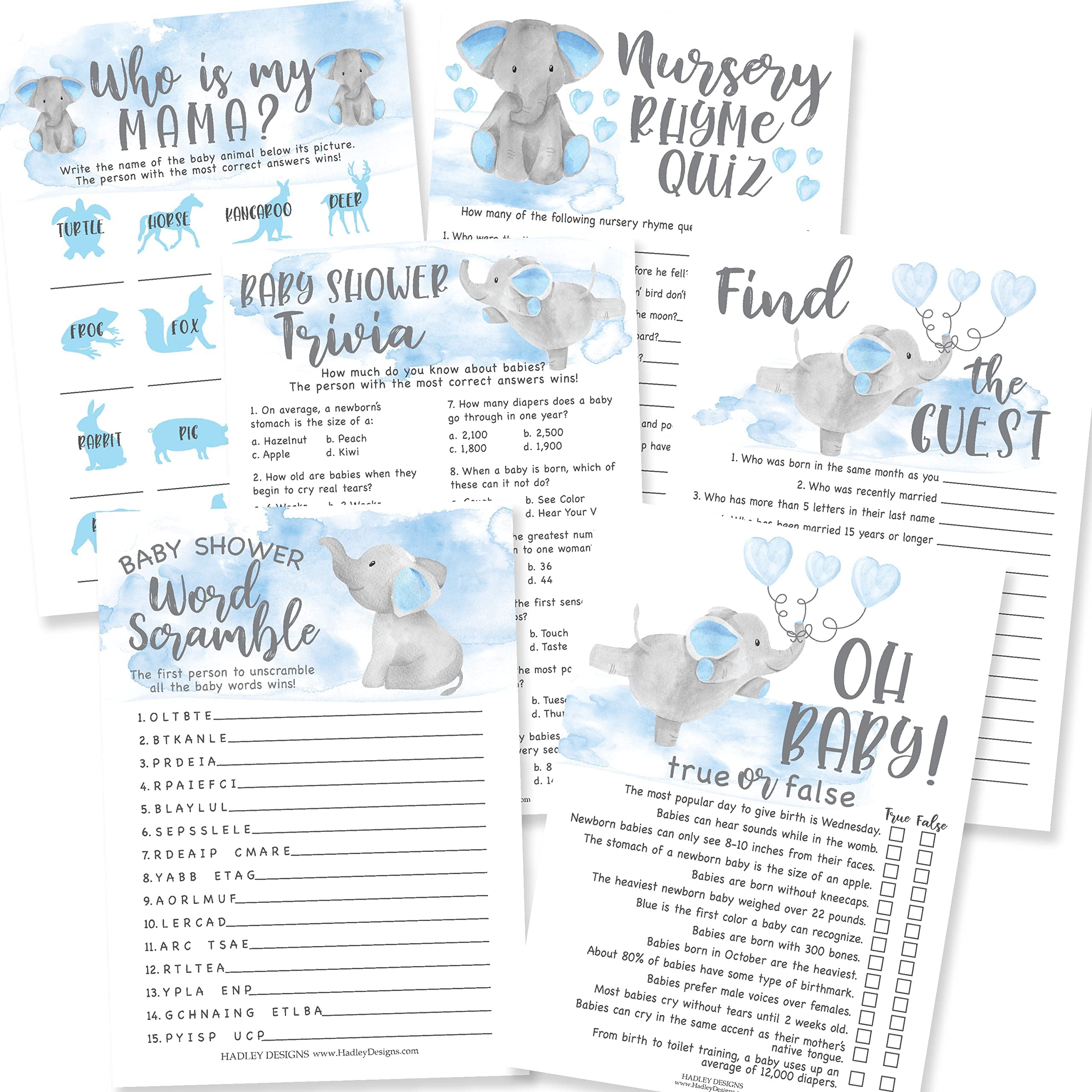 25 Elephant Word Scramble For Baby Shower, 25 True Or False Game, 25 Trivia Game, 25 Find The Guest, 25 Baby Animal Matching, 25 Nursery Rhyme Game - 6 Double Sided Cards Baby Shower Ideas