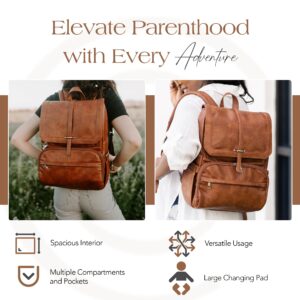 Citi Collective Navigator Saddle Brown Diaper Bag Backpack -Premium Vegan Leather- Compact Spacious Design With Insulated Pockets and Stroller Clips