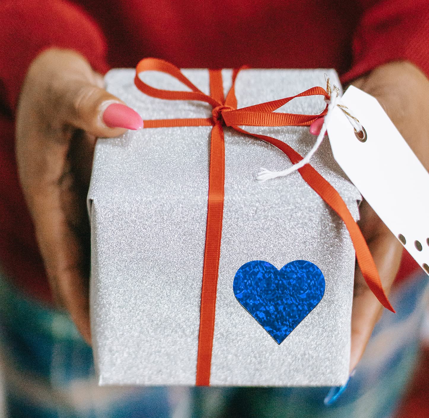 1.5" Glitter Blue Heart Stickers, Large Heart Labels Valentines Decor 500 per Roll, Valentine's Day Love Decorations for Wedding Anniversaries, Envelopes