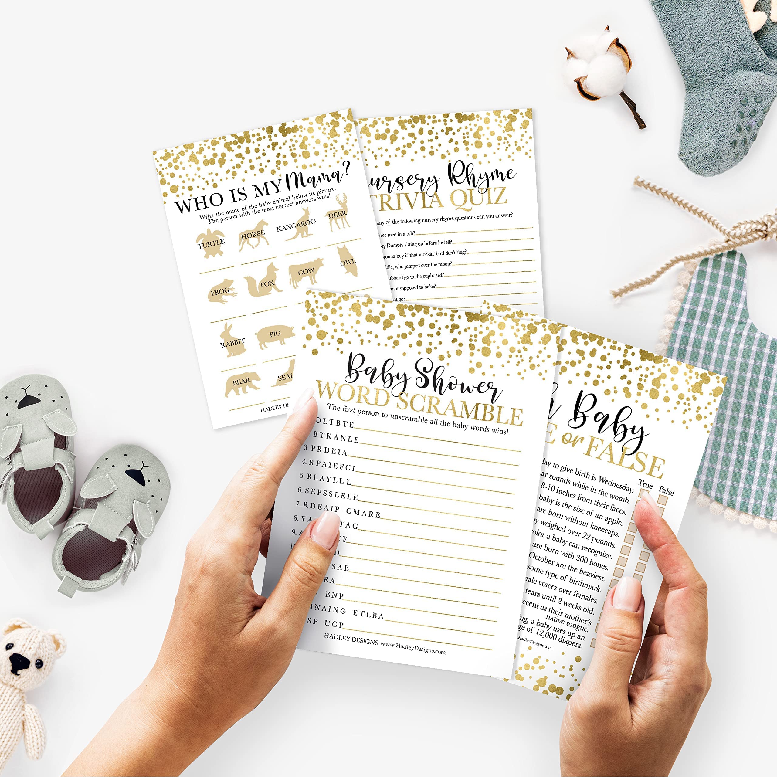 25 Gold Word Scramble For Baby Shower, 25 True Or False Game, 25 Baby Animal Matching, 25 Nursery Rhyme Game - 4 Double Sided Cards Baby Shower Ideas, Baby Shower Party Supplies