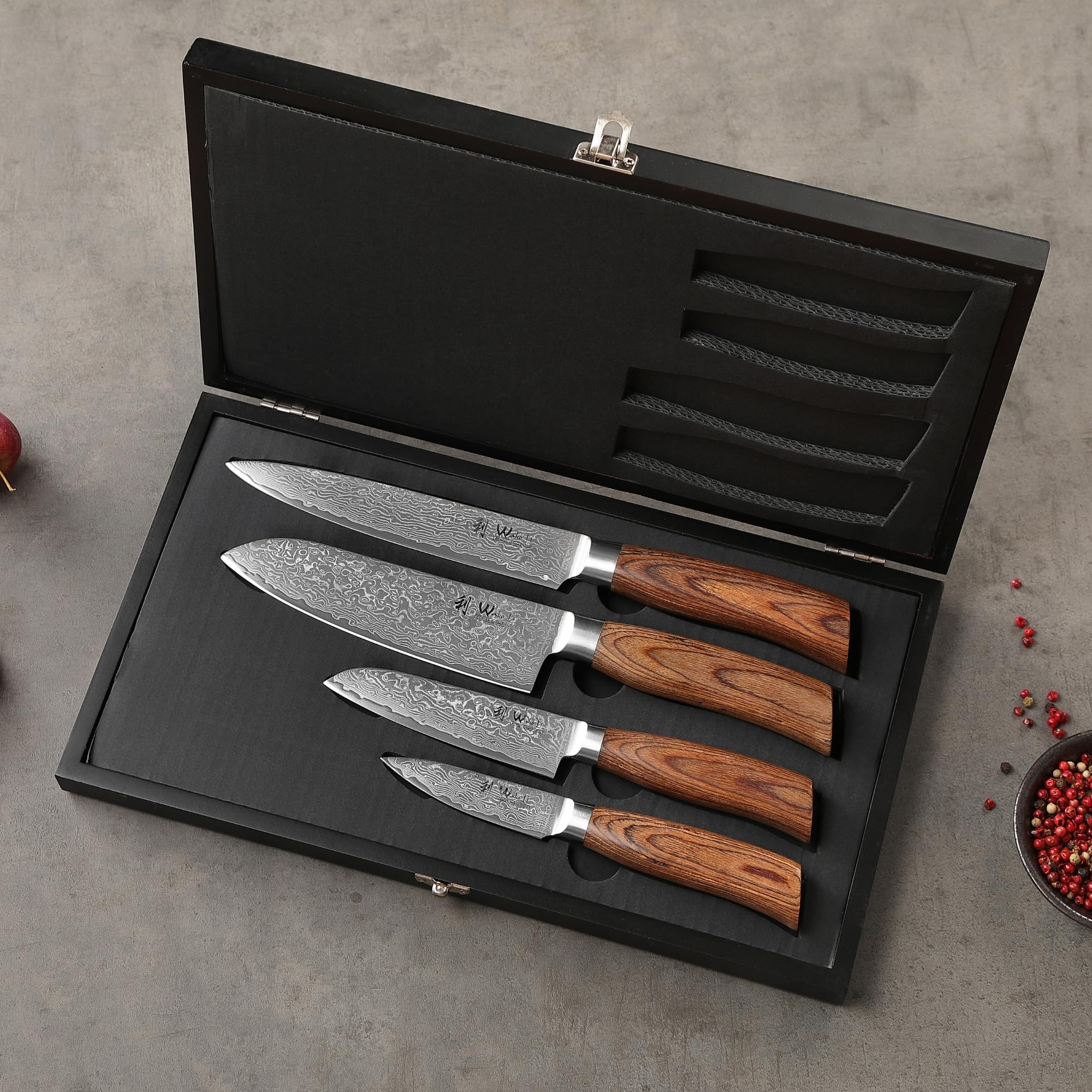 Wakoli Kitchen Knife Set, 4 Pieces Professional Chef Knife Set made from 67 Layers of Damascus Steel with VG10 Core, Damascus Knife with Ergonomic Pakkawood Handles in Wooden Gift Box (EDIB Pro 4-pcs)