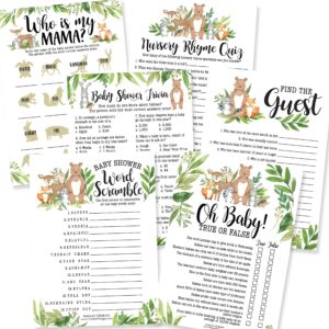 25 woodland word scramble for baby shower, 25 true or false game, 25 trivia game, 25 find the guest, 25 baby animal matching, 25 nursery rhyme game - 6 double sided cards baby shower ideas