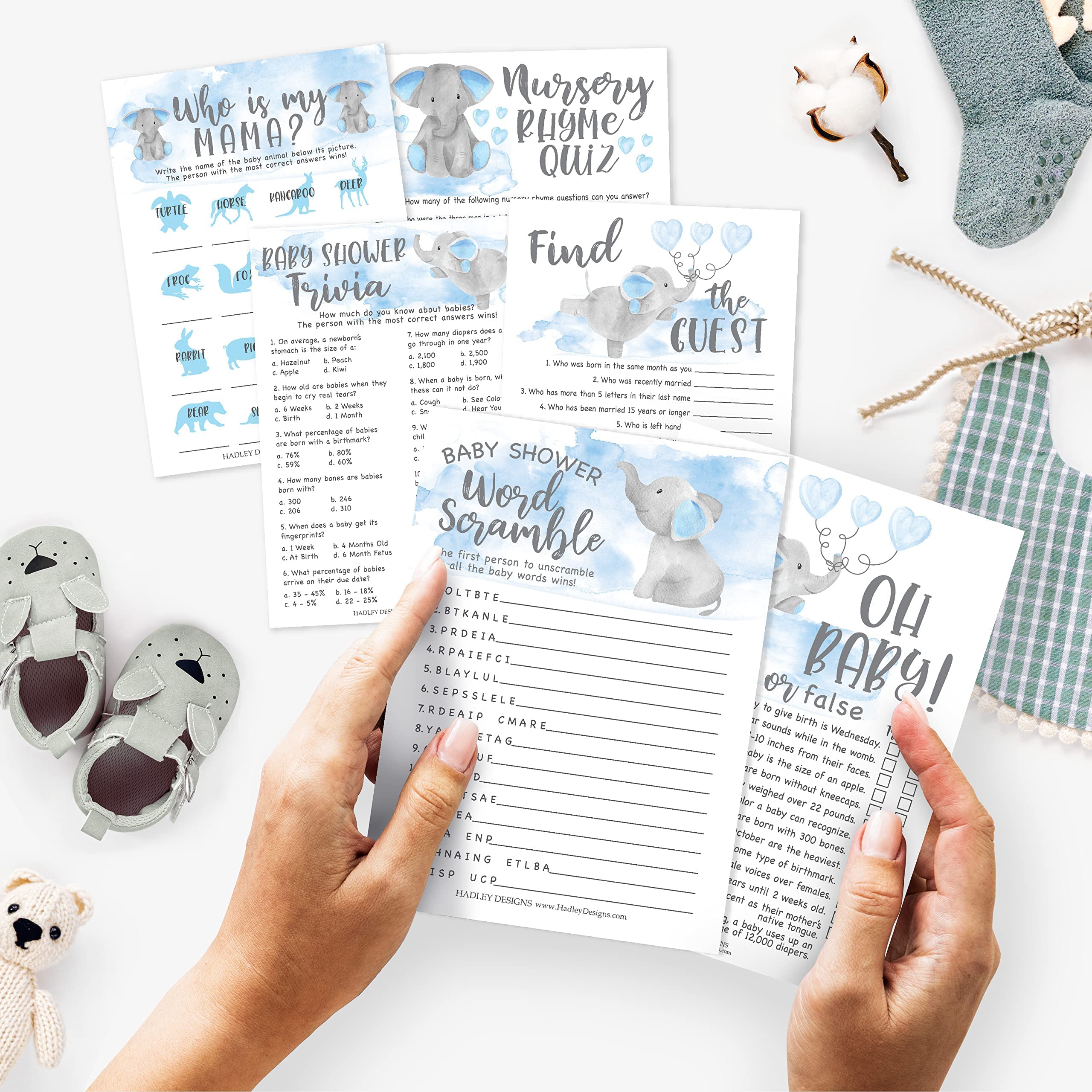 25 Elephant Word Scramble For Baby Shower, 25 True Or False Game, 25 Trivia Game, 25 Find The Guest, 25 Baby Animal Matching, 25 Nursery Rhyme Game - 6 Double Sided Cards Baby Shower Ideas