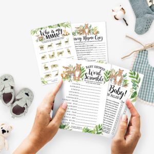 25 Woodland Word Scramble For Baby Shower, 25 True Or False Game, 25 Baby Animal Matching, 25 Nursery Rhyme Game - 4 Double Sided Cards Baby Shower Ideas, Baby Shower Party Supplies