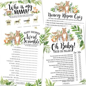 25 woodland word scramble for baby shower, 25 true or false game, 25 baby animal matching, 25 nursery rhyme game - 4 double sided cards baby shower ideas, baby shower party supplies